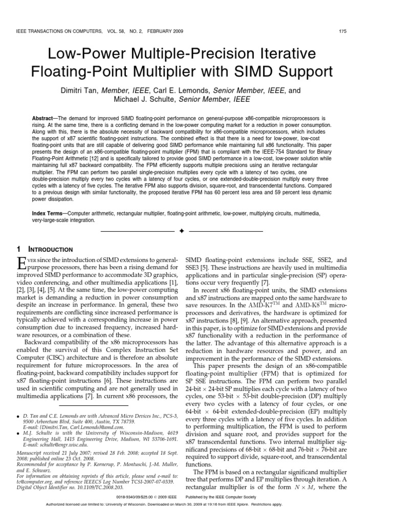 Low-Power Multiple-Precision Iterative Floating-Point Multiplier With SIMD Support | PDF ...