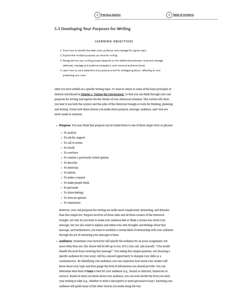 Developing Your Purposes For Writing | PDF