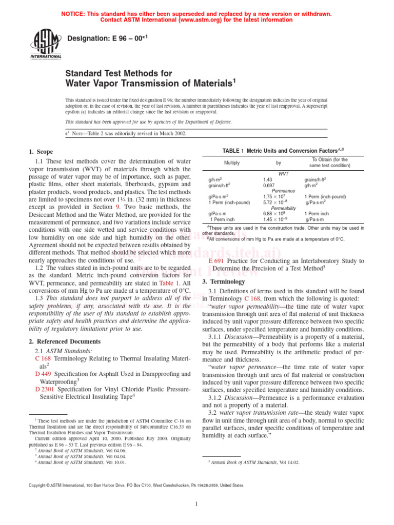 ASTM-E96-00 Water Vapor Transmission of Materials (Obsolete) | PDF
