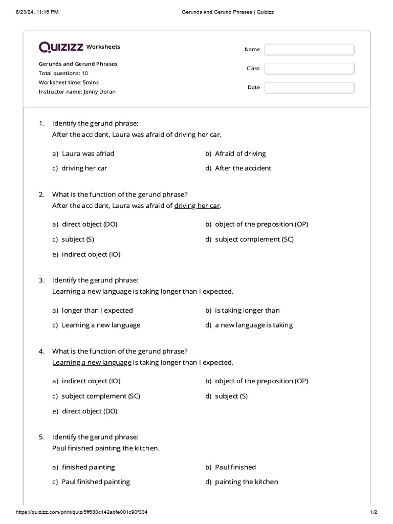 Gerunds and Gerund Phrases - Quizizz | PDF