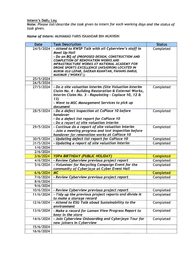 Faris's Daily Log June | PDF