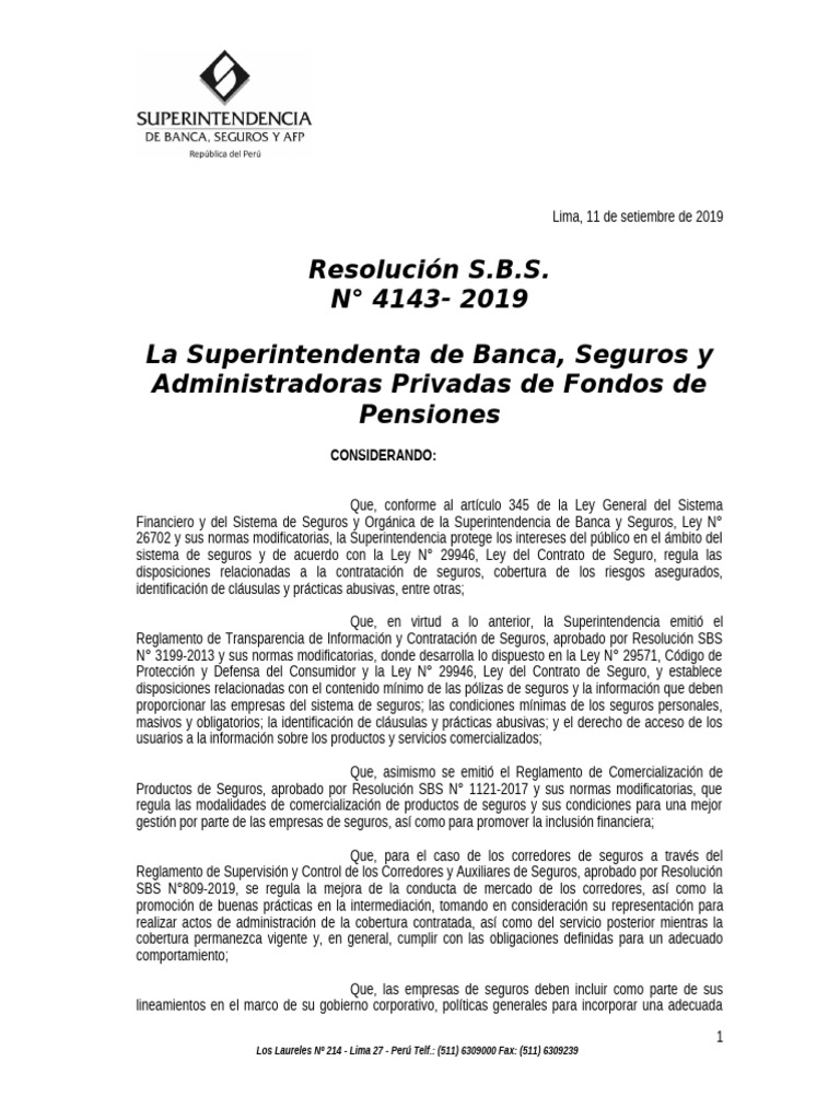 Resolución S.B.S. #4143-2019 La Superintendenta de Banca, Seguros y Administradoras Privadas de ...