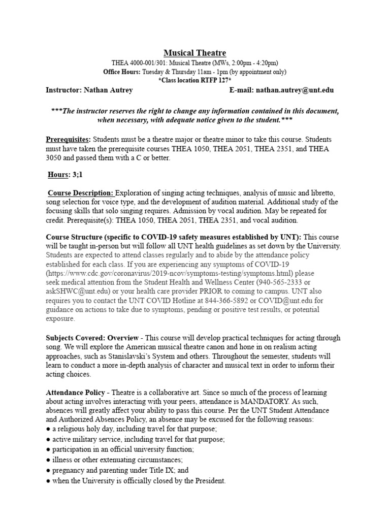 Musical Theatre Syllabus - THEA4000.001-301 | PDF