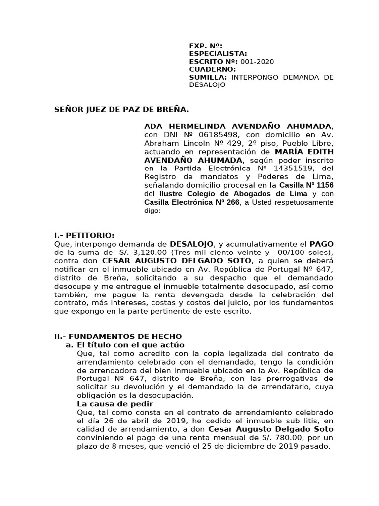 Escrito 001-2020 - Demanda de Desalojo | PDF