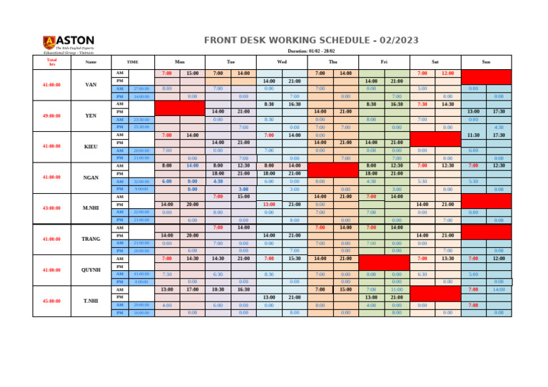 FRONT DESK Working Schedule 02.2023 | PDF