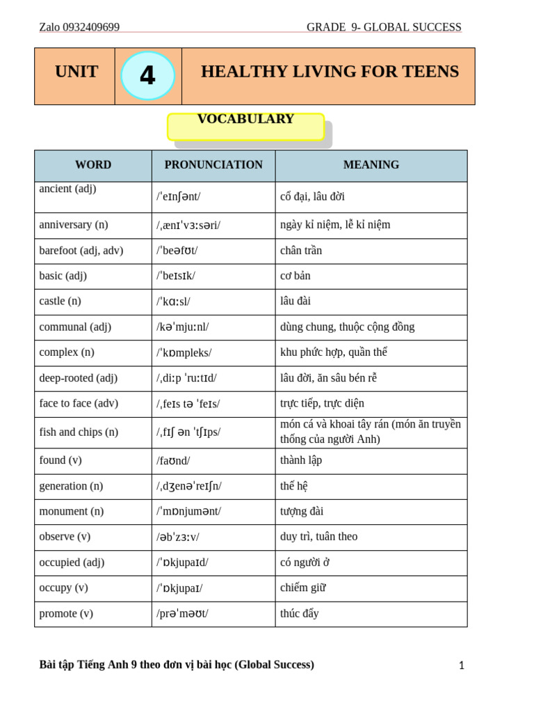 HS Unit 4 L P 9 BÀI TAP B TR | PDF