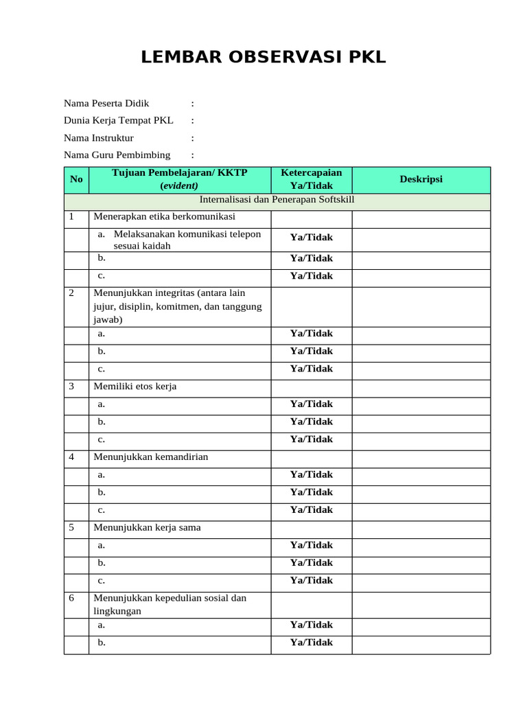 LEMBAR OBSERVASI PKL | PDF