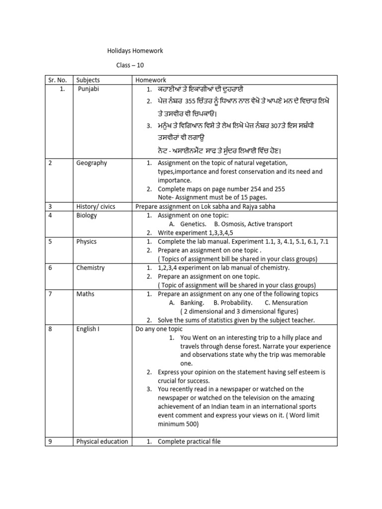 Holidays Homework Class 10 | PDF
