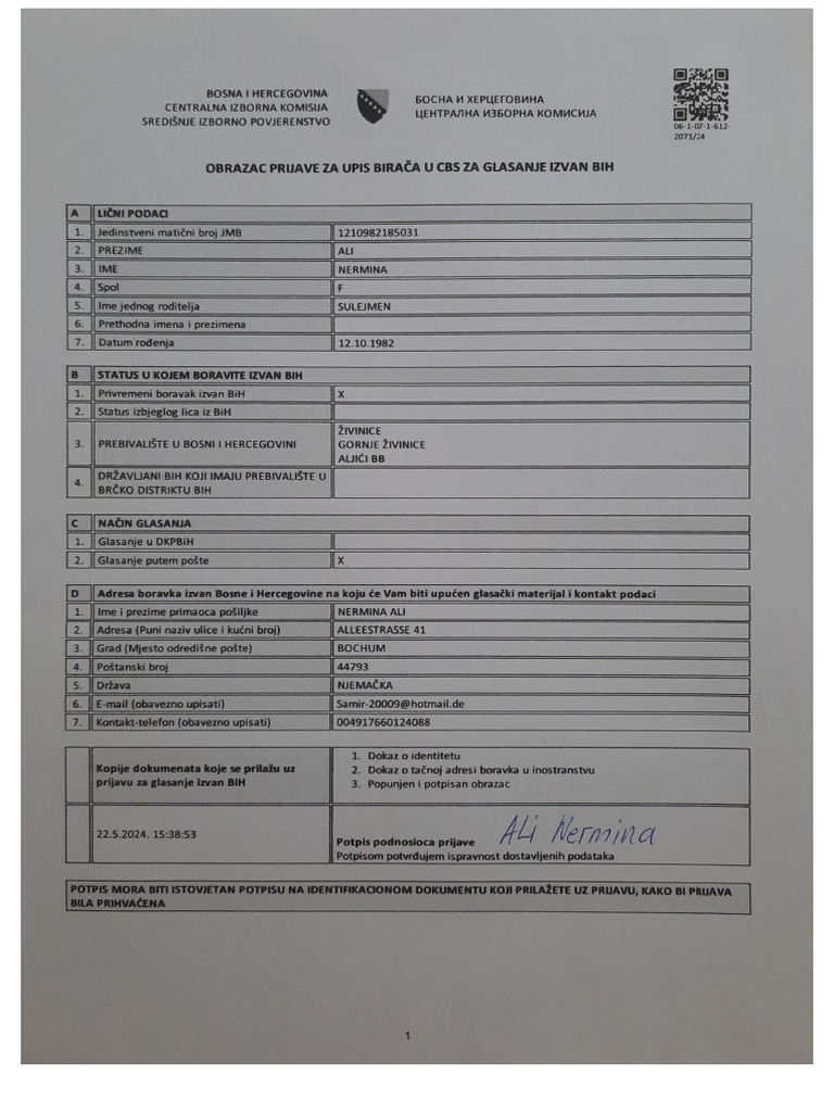 Obrazac Prijave Za Upis Biraca | PDF