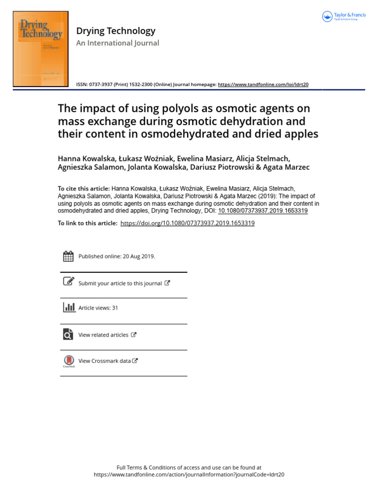 The Impact of Using Polyols As Osmotic Agents On Mass Exchange During Osmotic Dehydration and ...