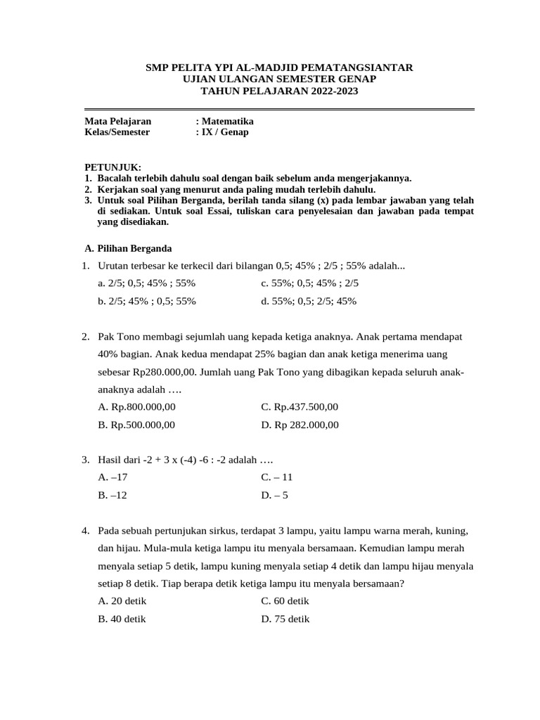 Soal UAS Matematika Kelas IX | PDF