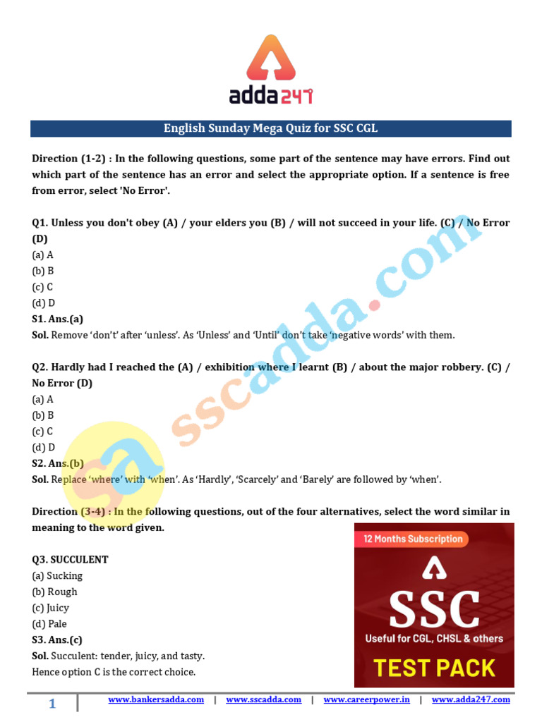 Format SSC CGL MEGA QUIZ Solutions | PDF