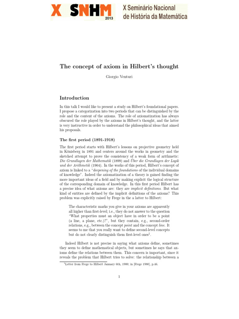 The Concept of Axiom in Hilbert's Thought: Giorgio Venturi | PDF