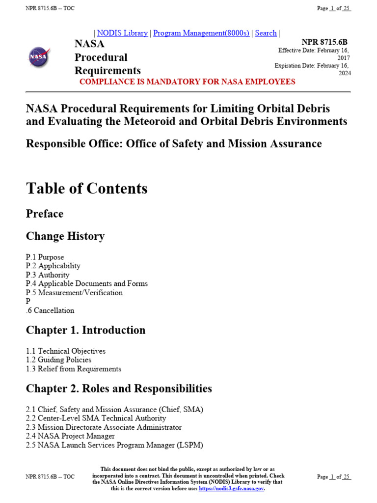NPR-8715.006B NASA Procedural Requirements For Limiting Orbital Debris and Evaluating The ...