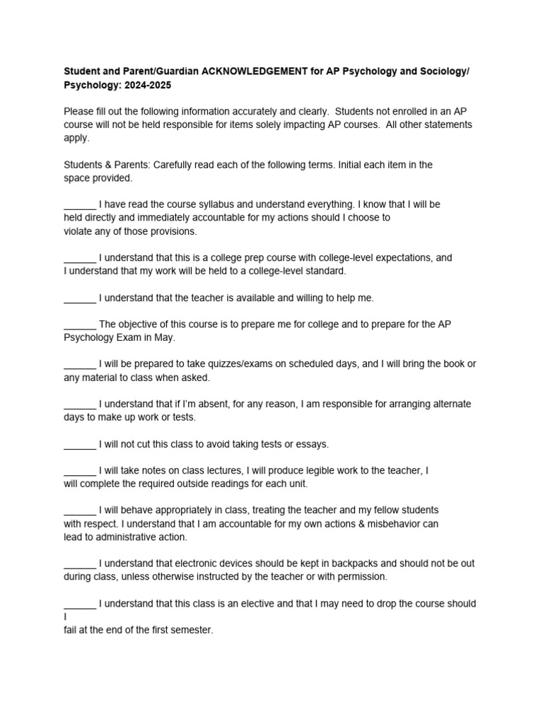 Student and Parent - Guardian ACKNOWLEDGEMENT AP Psychology - 2024-2025 ...