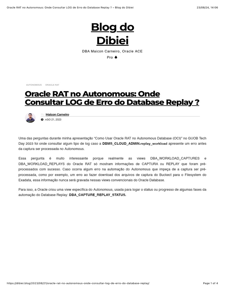 Oracle RAT No Autonomous: Onde Consultar LOG de Erro Do Database Replay ? - Blog Do Dibiei | PDF