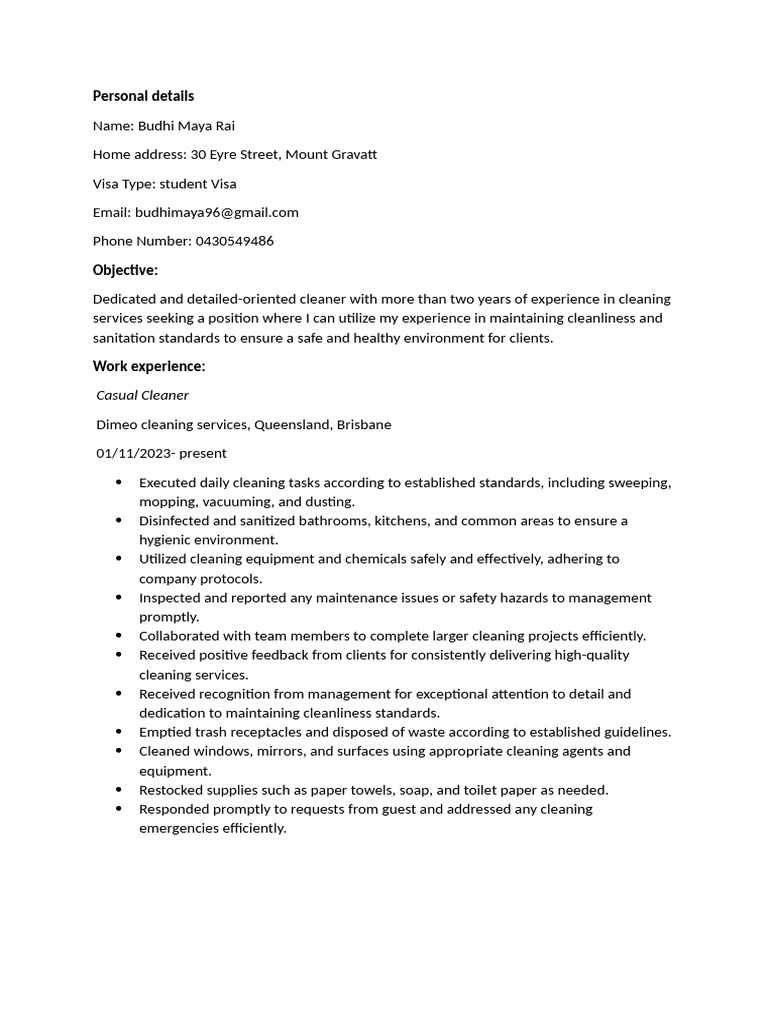Personal Details: Casual Cleaner | PDF