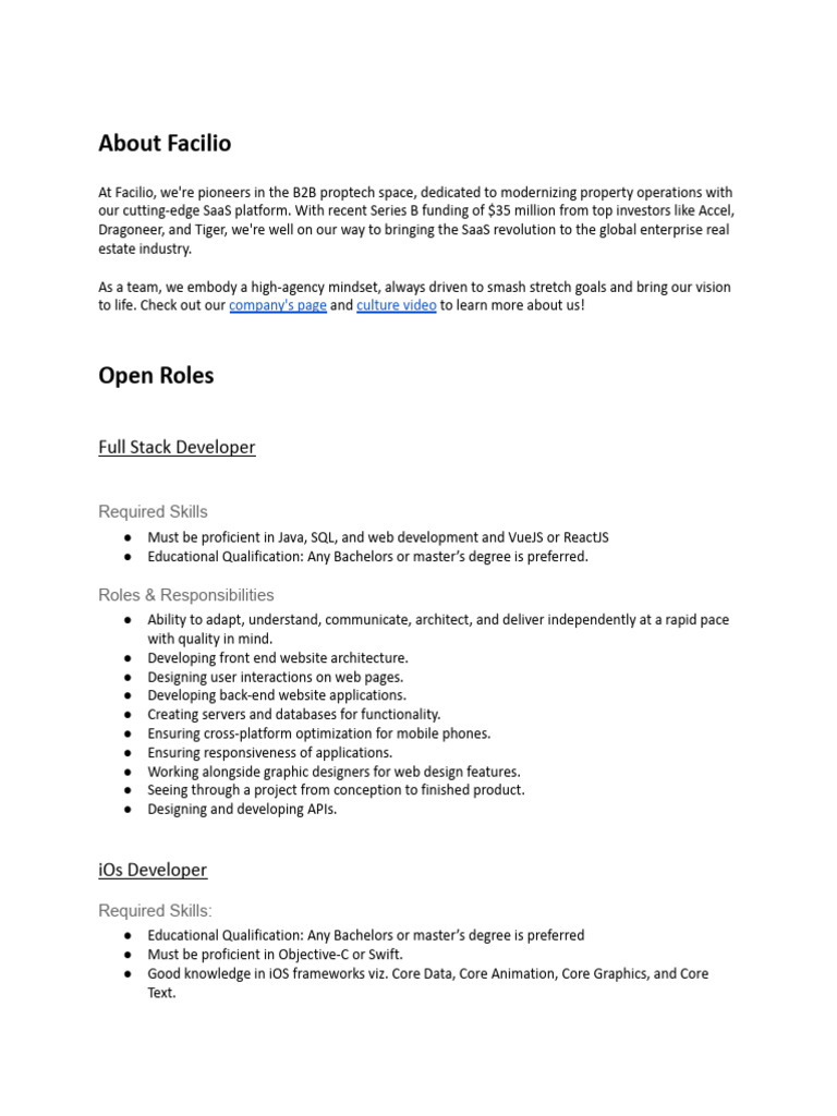 Facilio - Software Developer Roles - 2024 | PDF