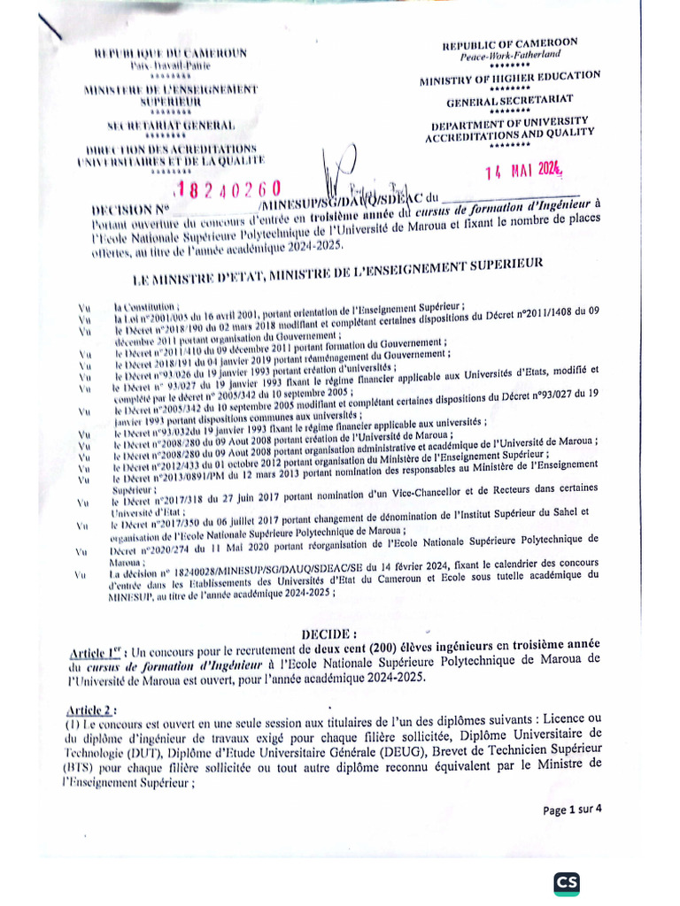 Concours ENSPM 3eme Annèe Cursus Formation D'ingenieur Français | PDF