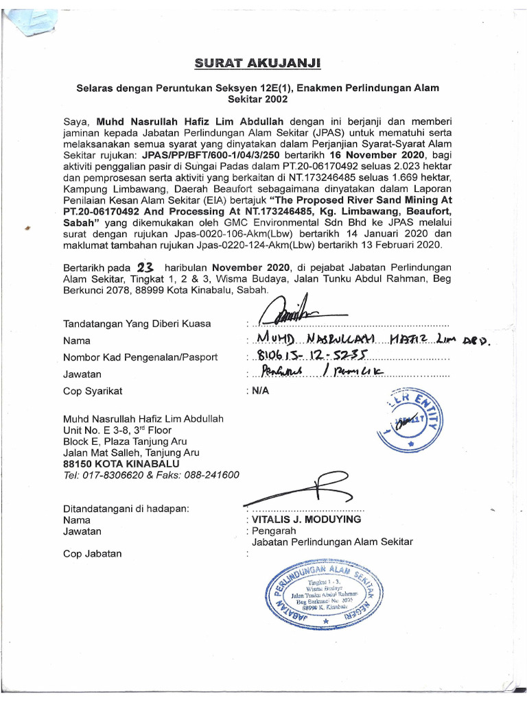 Akujanji Yang Ditanda-Tagani Di Depan Pengarah Jpas Bagi Kelulusan Eia ...