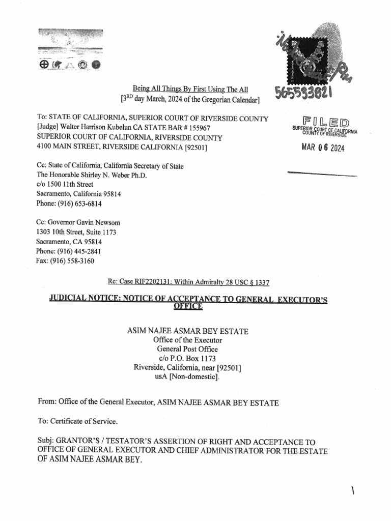 JUDICIAL NOTICE: NOTICE OF ACCEPTANCE TO GENERAL EXECUTOR'S OFFICE (Re: 2202131) | PDF