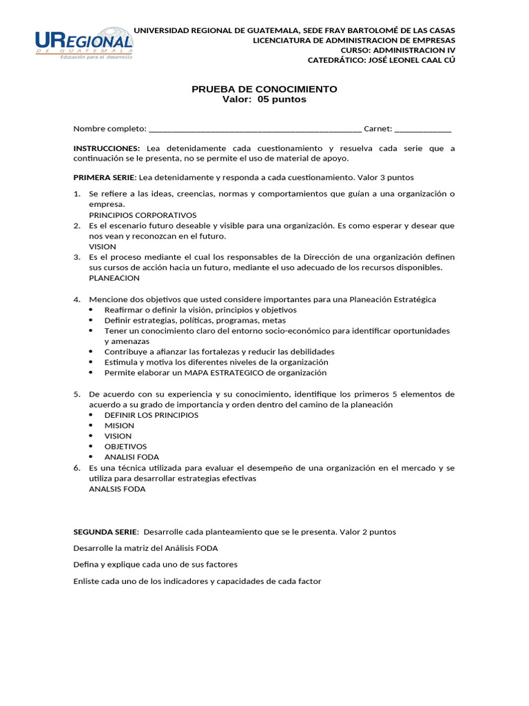 PRUEBA CORTA 1 ADMON IV RESUELTO | PDF