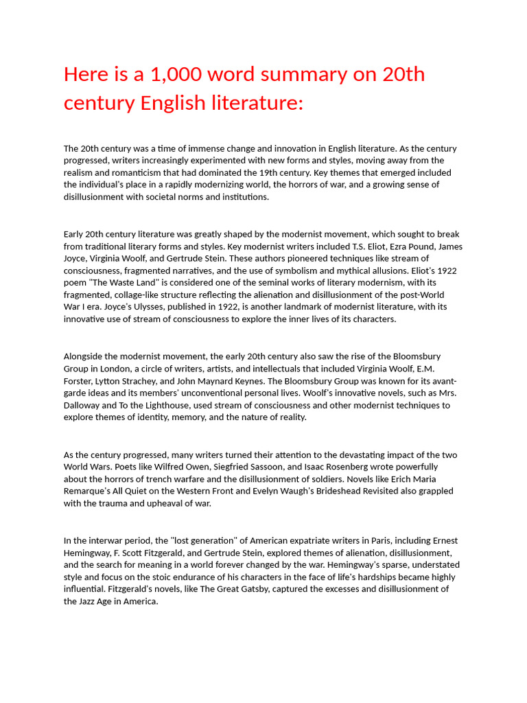 20th Century Literature Summary | PDF