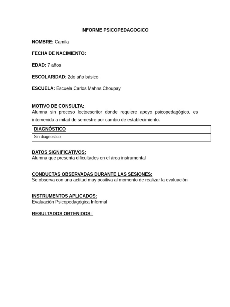 Informe Psicopedagogico | PDF