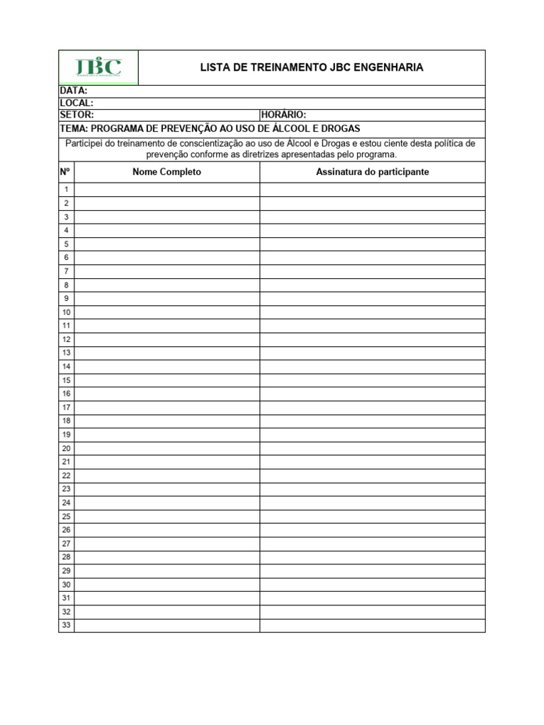 Ssma 2024 - Lista de Treinamento JBC - Politica de Alcool e Drogas | PDF