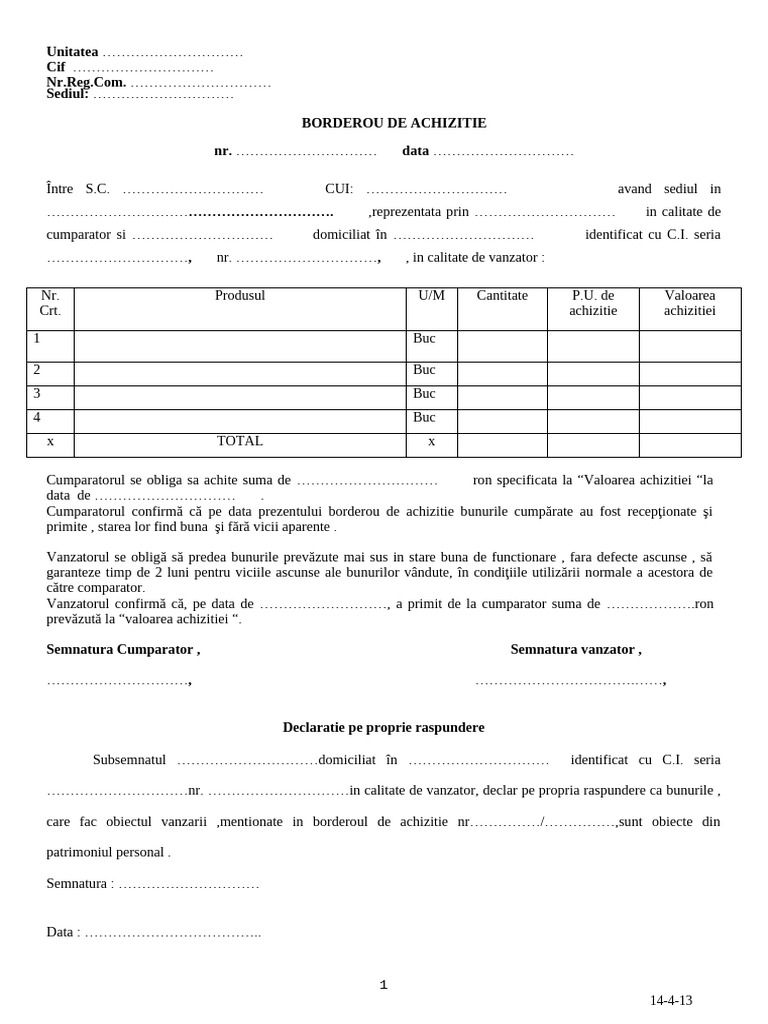 Borderou de Achizitie | PDF