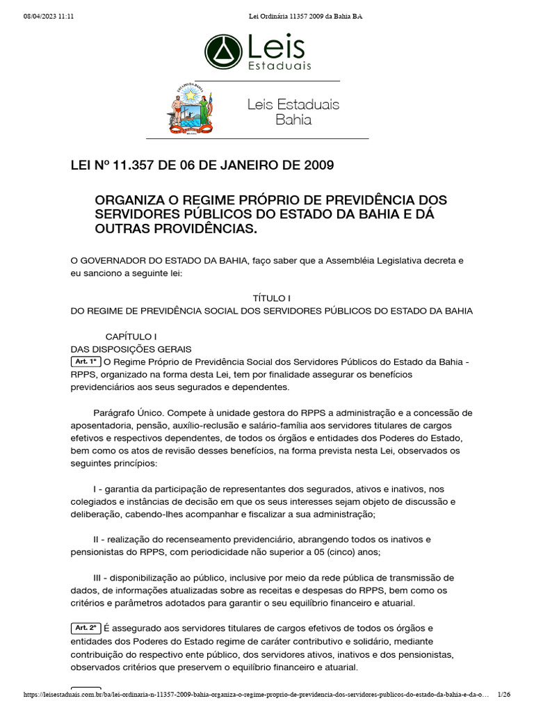Lei Ordinária 11357 2009 Da Bahia BA | PDF