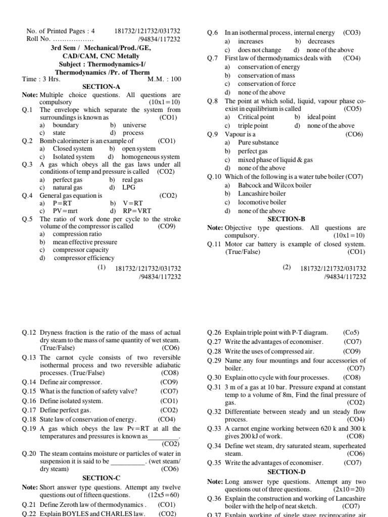 Mech Prod 3 Sem Thermodynamics 1 Thermodynamics 181732 2023 | PDF