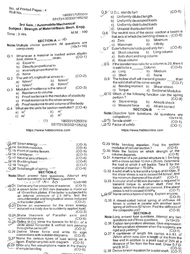 Auto Mech 3 Sem Strength of Material 180331 2023 | PDF