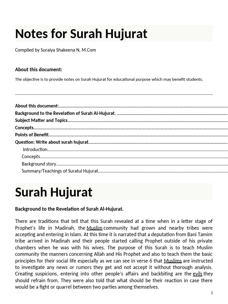 Notes on Surah Hujurat for Students | PDF | Surah | Abrahamic Religions