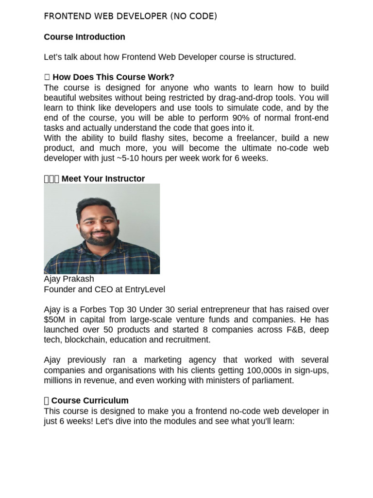 FRONTEND WEB DEVELOPER (NO CODE) Course Introduction | PDF FRONTEND WEB DEVELOPER (NO CODE) Course Introduction | PDF