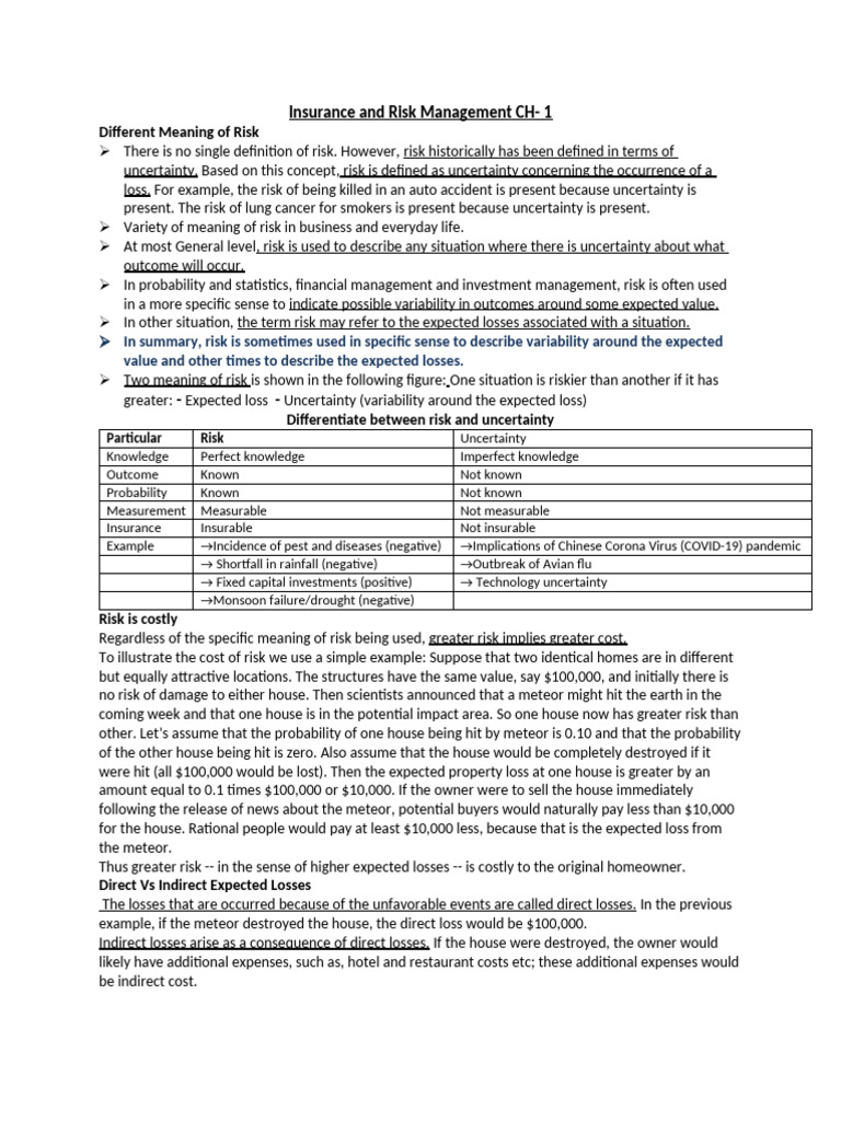 Insurance and Risk Management Introduction To Risk Management | PDF ...