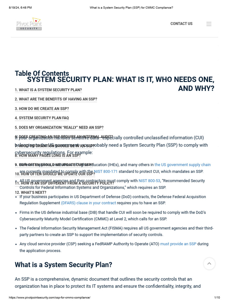 What Is A System Security Plan (SSP) For CMMC Compliance | PDF