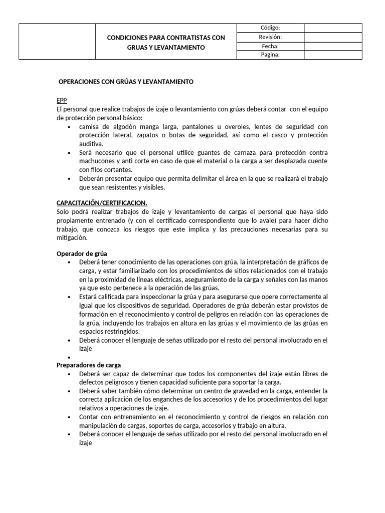 (SST) DOC-SST-08 Condiciones para Contratistas Con Grua y Levantamiento | PDF