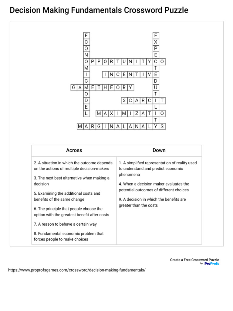 Decision Making Fundamentals Crossword Puzzle With Answers | PDF
