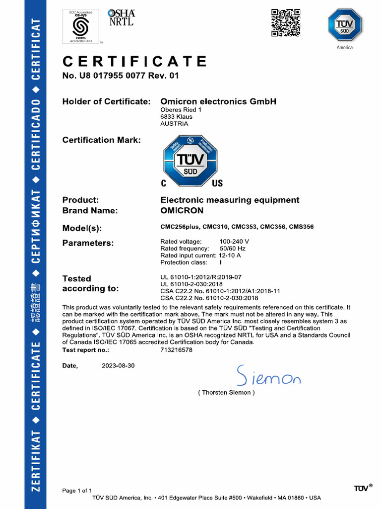 CMC 256plus CMC 353 CMC 356 CMC 310 CMS 356 TUEV NRTL Certificate ENU | PDF