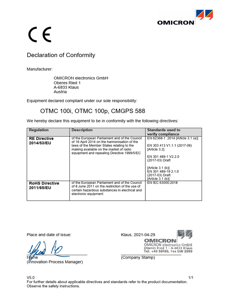 GMGPS 588 OTMC 100 CE Declaration of Conformity ENU | PDF
