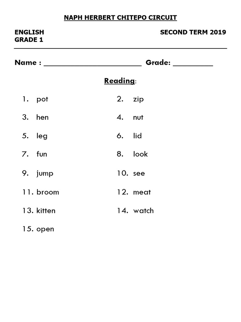 NAPH English Grade 1 2nd Term 2019 | PDF
