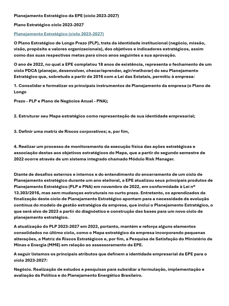 Planejamento Estratégico EPE 2023-2027 | PDF