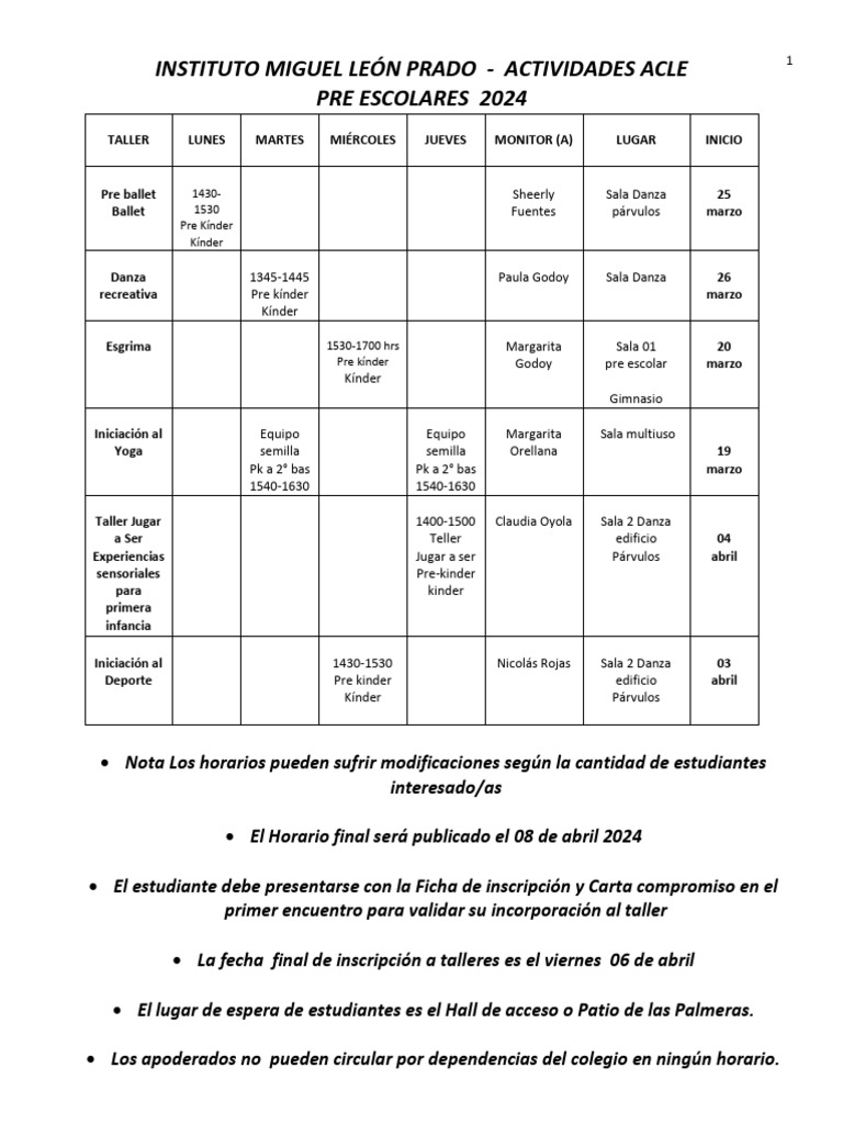 Horarios Acle Preescolar 2024 | PDF