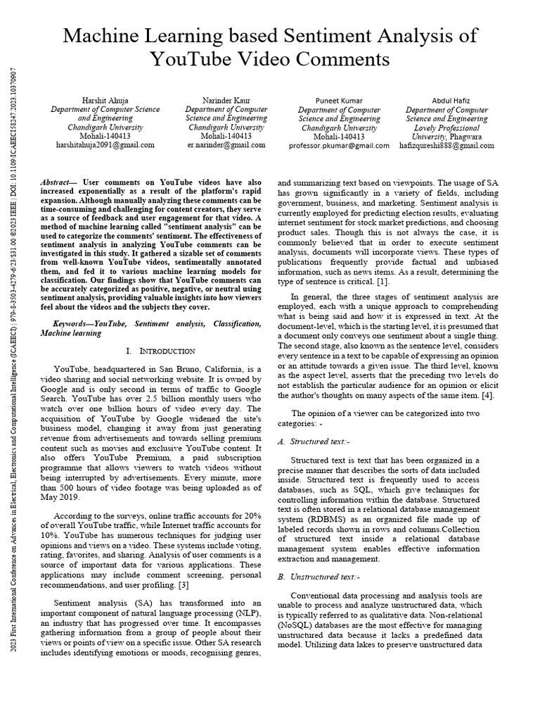 Machine Learning Based Sentiment Analysis of YouTube Video Comments | PDF
