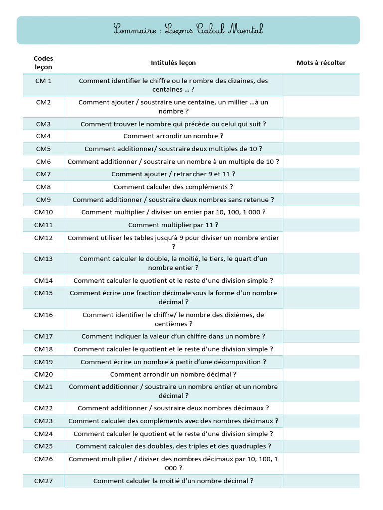 Calcul Mental Leçons | PDF
