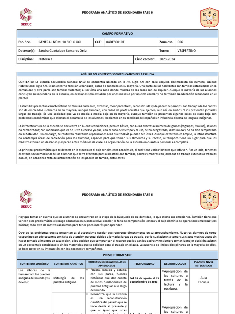 FORMATO PROGRAMA ANALÍTICO - Historia1 - Mtra - SandraSansores | PDF
