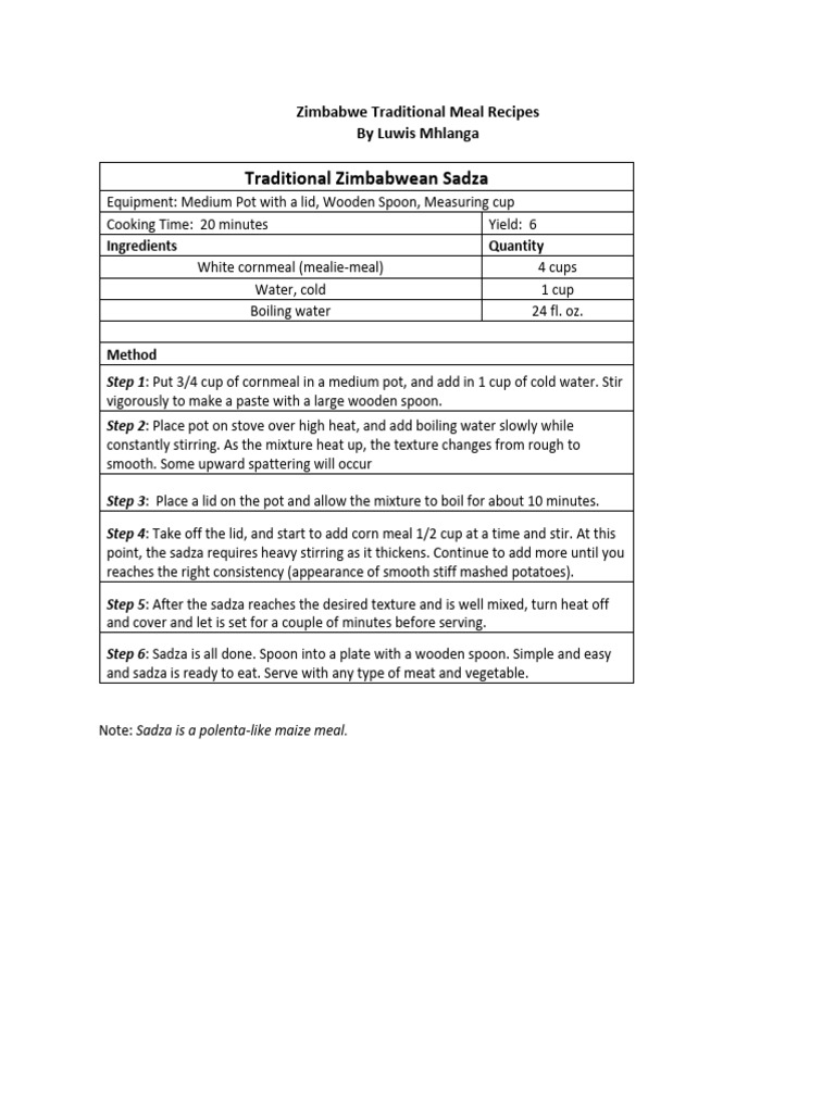 Zimbabwe Traditional Meal Recipes | PDF