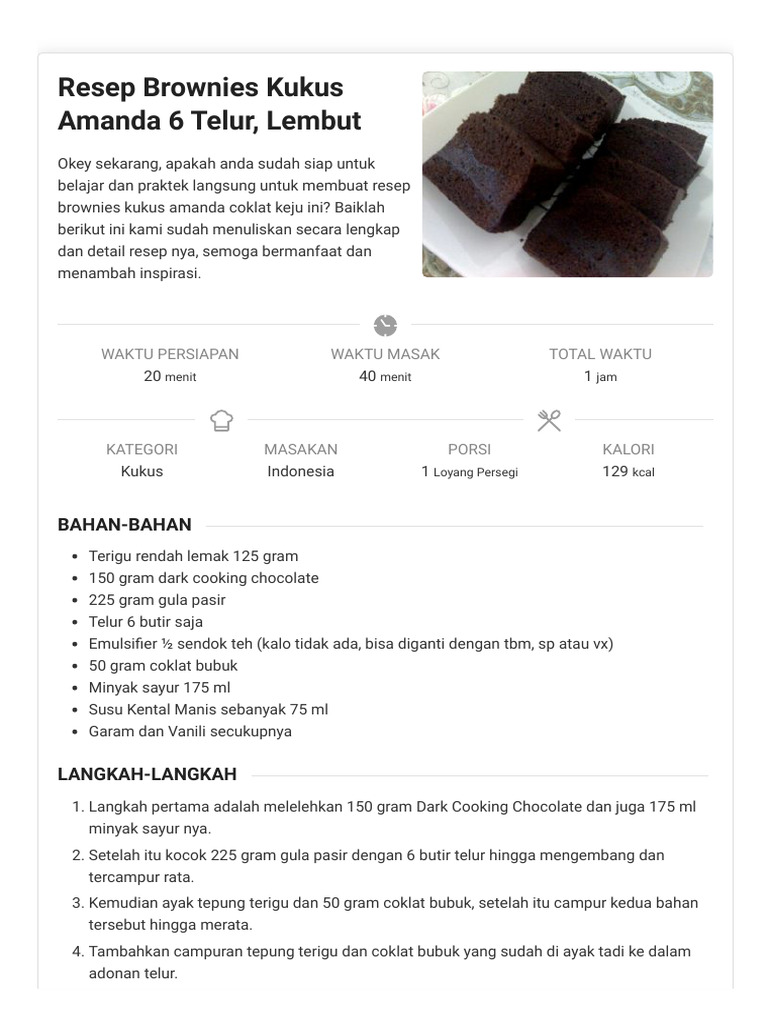 Resep Brownies Kukus Amanda 6 Telur, Lembut - CaraMembuat - Id | PDF