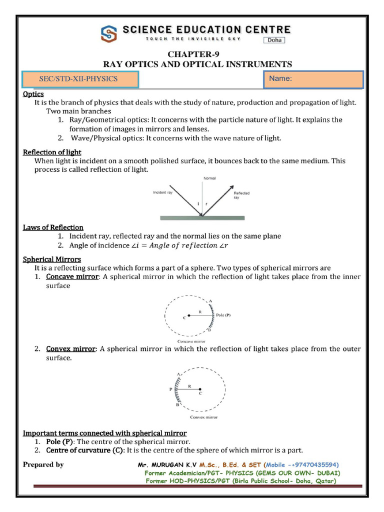 Chapter-9 Ray Optics and Optical Instruments | PDF